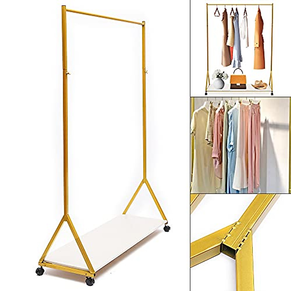 Metal Gold Clothing Rack with Shelves and Universal Wheel,Freestanding Clothing Rack for Hanging Clothes Rack,Heavy Duty Rolling Garment Rack Retail Display for Wedding Dress Bridal Garment Rack Stand
