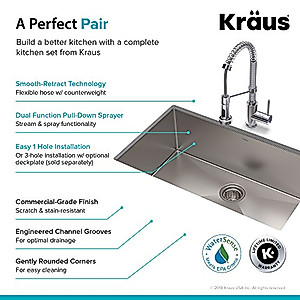 Kraus KHU100-30-1610-53CH Set with Standart PRO Stainless Steel Sink and Bolden Commercial Pull Faucet in Chrome Kitchen Sink & Faucet Combo, 30 Inch