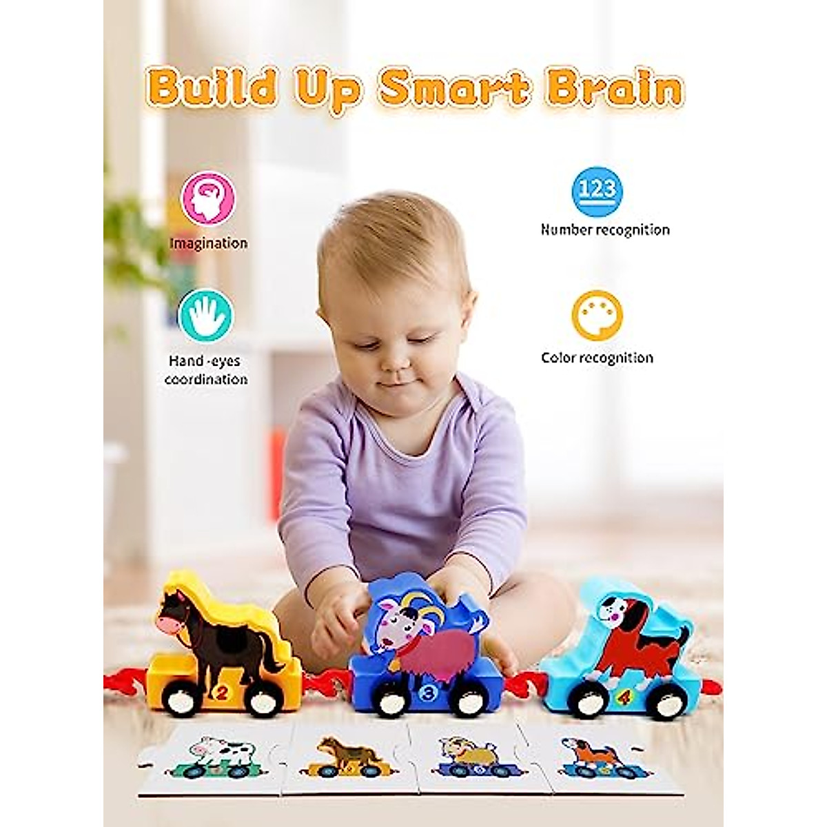 ZRCCOX Wooden Farm Animals Train Set Toy for 2 3 4 Year Old Girls and Boys Birthday Gifts Montessori Toddlers Toys for Ages 2-4 Boy Toy Train Learning Educational Toys for Kids 1-2-4