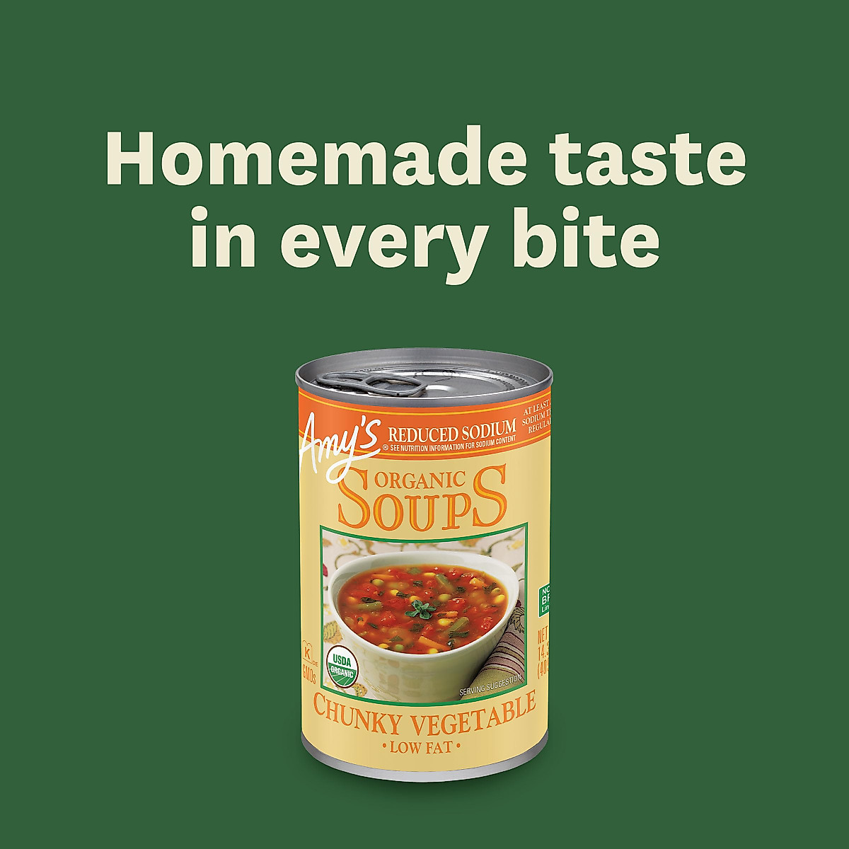 Amy’s Soup, Vegan Reduced Sodium Chunky Vegetable Soup, Gluten Free, Made With Organic Vegetables, Canned Soup, 14.3 Oz (12 Pack)