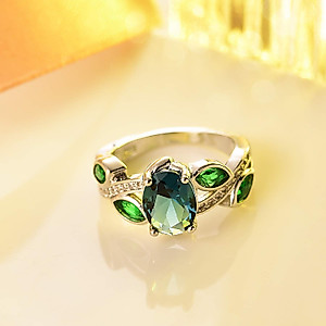 MADEONE 18K White Gold Plating Excellent Cut CZ Stone Rainbow Gemstone Topaz & Emerald Ring Wedding Engagement Ring for Women with Box Packing Size 6-10 (Peacock blue, 9)
