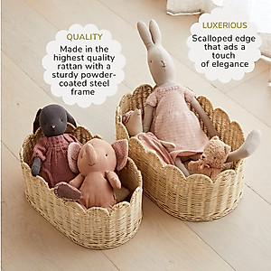 BEBE BASK Scalloped Basket Set Of 2 - Hand Woven Scallop Basket - 16 x 10 x 7 In - Scalloped Wicker Basket - Scalloped Edge Basket - Scalloped Storage Basket (Natural)