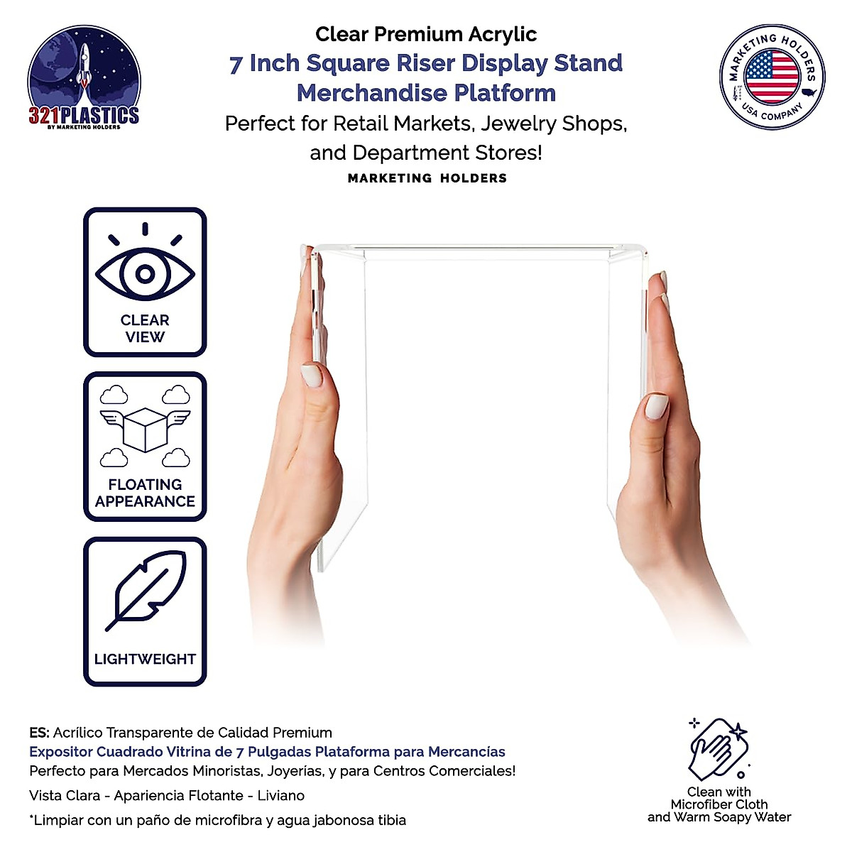 Marketing Holders 4 Pack Clear Acrylic Riser Stand 7" POP Display Retail Products Bench Plexiglass Merchandising One Piece See Through Podium Showcase Counter or Tabletop Decor Platform
