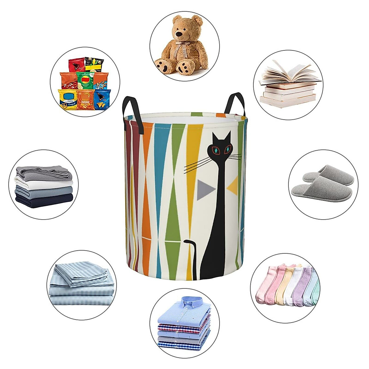Mid-Century Modern Art Cat Printed Round Foldable Laundry Basket With Handle For Home, Bathroom, Dirty Clothes, Toy Storage