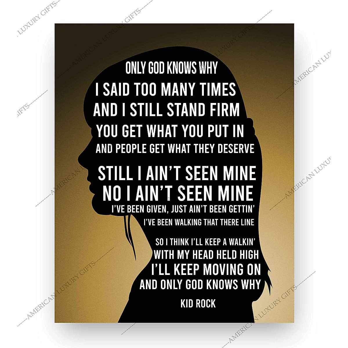 Kid Rock- "Only God Knows Why Song Lyric Music Decor Wall Art, This Ready to Frame Silhouette wall art poster Print is Good For Music Room, Home, Office, Studio, And Room Decor, Unframed - 8x10”
