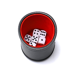 RERIVER Felt Lined PU Leather Dice Cup Set with 6 Dot Dices (Black, Pack of 1)