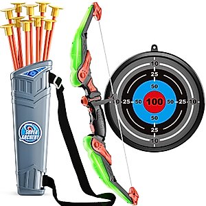 TEMI Kids Bow and Arrow Set - LED Light Up Archery Toy Set with 10 Suction Cup Arrows, Target & Quiver, Indoor and Outdoor Toys for Children Boys Girls