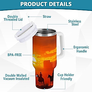 Jihqo Sunset Western Cowboys 40 oz Stainless Steel Vacuum Insulated Tumbler with Handle and Straw Lid, Leakproof Water Bottle Double Wall Travel Mug Coffee Cup, Cupholder Friendly
