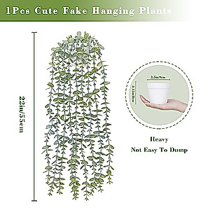 BLEUM CADE Fake Hanging Plants, 1pcs Sage Green Artificial Hanging Potted Plant, Faux Eucalyptus Hanging Plant Greenery for Wall Shelf Home Living Room Indoor Outdoor Decor