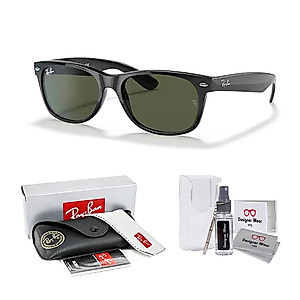 Ray-Ban RB2132 NEW WAYFARER Square Sunglasses For Men For Women + BUNDLE with Designer iWear Eyewear Kit (Rubber Black on Black/Crystal Lens G-15 Green, 55MM)