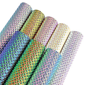 JINR Holographic Geometric Diamond Embossed Yellow Faux Leather Sheets, 12"X53" Textured Metallic PU Fabric Roll for Crafts Bows Bags Sewing