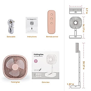 Portable Pedestal Fan - Foldaway Standing Fan Foldable Desk Fan, Wireless Use 7200Mah Rechargeable Battery, Remote Control Telescopic 4 Speed Quiet Timer Fan for Home Kitchen Outdoor Camping (Pink)