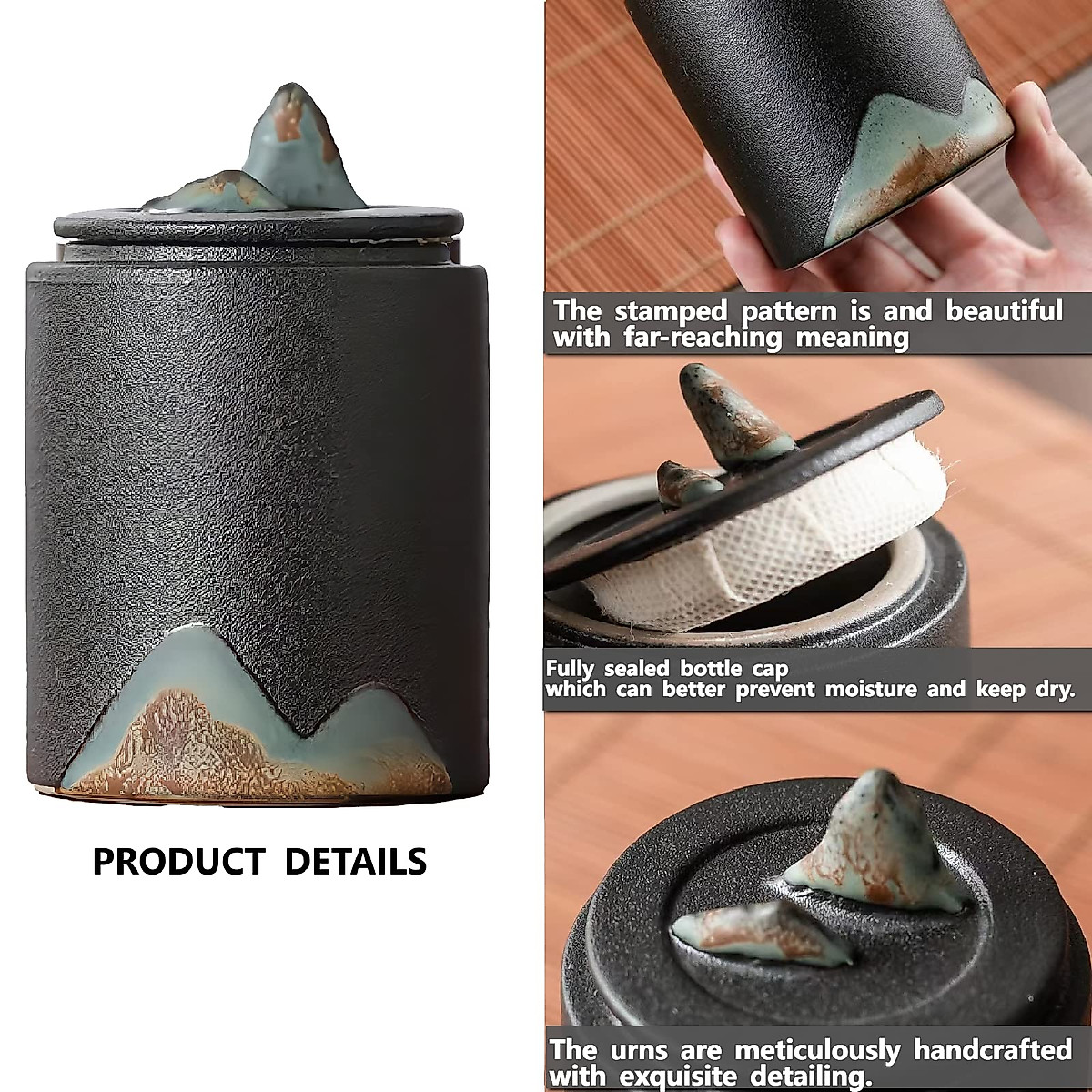 NS Online Black Small Urn Ashes Keepsake - 3.5 inches Ceramics Sharing Small Mountain Urn, Capacity 10 Cubic inches Memorial urn for Human, Pets - Qnty 1