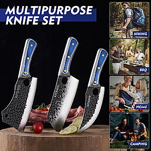 3PCS Butcher Knife Set, Hand Forged kitchen Knife Set-Heavy Duty Bone Chopper Knife & Meat Cleaver Knife & Viking Knife, Chef Knife Set for Home, Outdoor Cooking, Camping BBQ