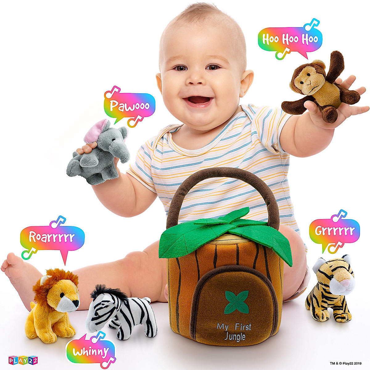 Play22 6-Piece Plush Talking Jungle Animals Set with Carrier for Kids, Babies & Toddlers - Elephant, Tiger, Lion, Zebra, Monkey