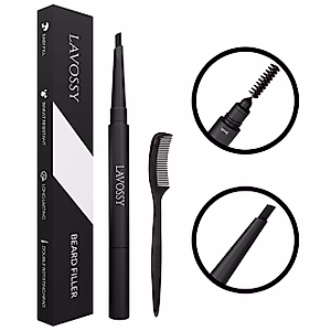 LAVOSSY Beard Pencil Filler for Men - Long Lasting and Easy to Use Beard Pen with blending brush results in a sleek & natural look, Water/Sweat Proof beard filler (1 Count (Pack of 1), Black)