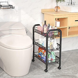 Pokfeic 3-Tier All Metal Rolling Utility Cart, Rolling Metal Organization Cart with Lockable Wheels, Easy Assembly Mobile Utility Cart for Kitchen, Bathroom, Office, Workshop, Rolling Storage Cart