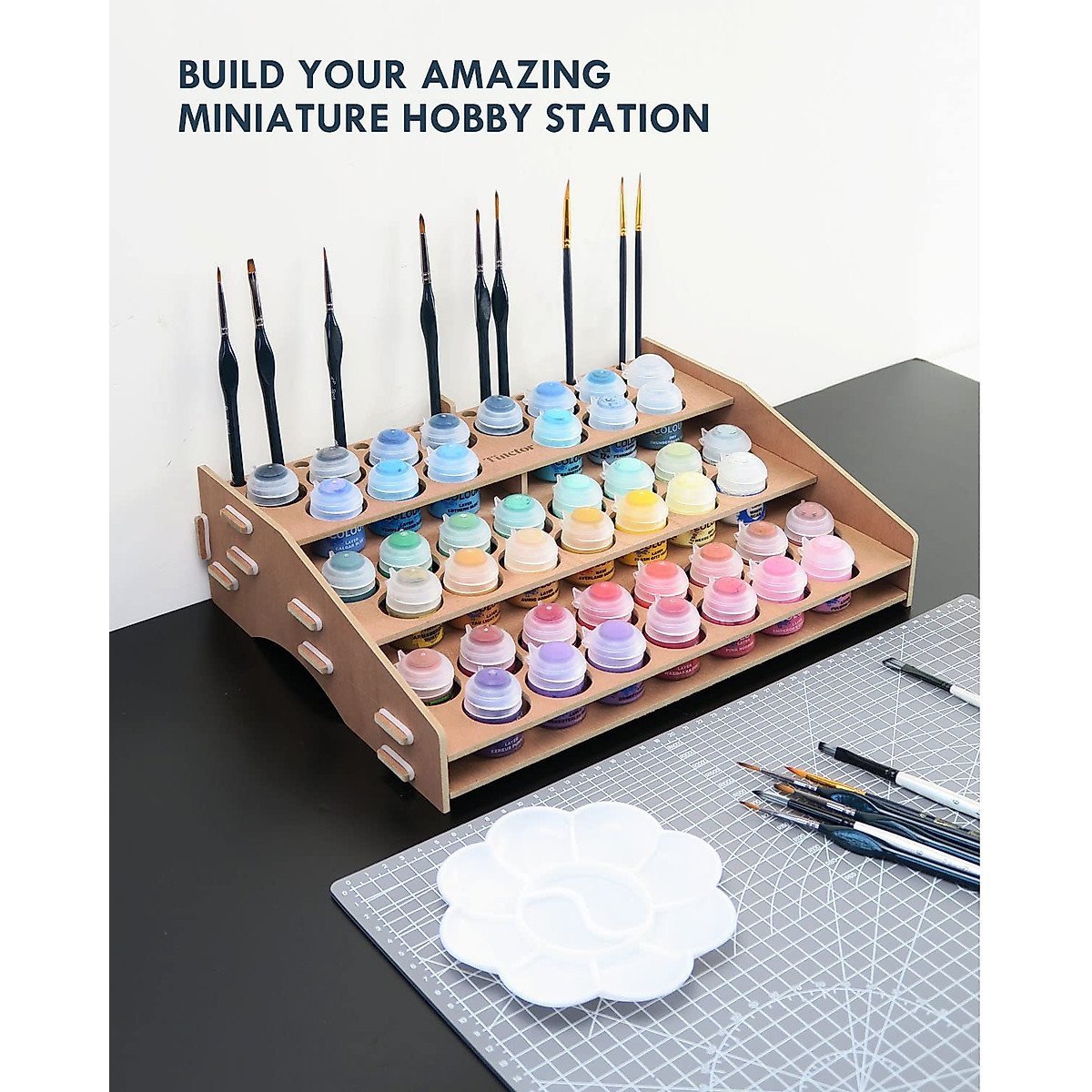 tinctor Wooden Paint Organizer & Paint Brush Holder, for 44 Bottles & 22 Brushes - Paint Holder for Acrylic Painting, Paint Rack for Miniature Paint Set, Acrylic Paint Storage, Craft Paint Organizer