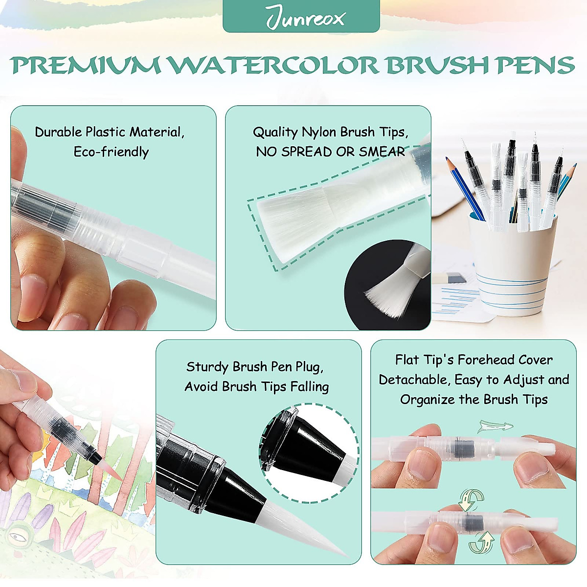 Junreox 12Pcs Watercolor Brush Pens, Premium Water Brush Pen Leakproof with Assorted Tips, Water Brush Pens for Watercolor, Refillable Watercolor Pens, Watercolor Paint Pens, Arts Value Set