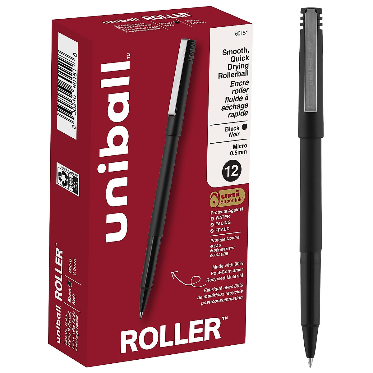 uni-ball Roller Rollerball Pens Fine Point Micro Tip, 0.5mm, Black, 12 Pack