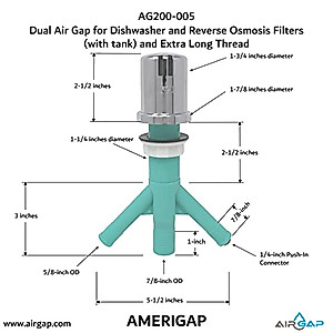 Dual Air Gap for Dishwasher and Reverse Osmosis Filters (with tank) and Extra Long Thread (AG200-005, AG200-002, T52 RO KIT, AMERIGAP)