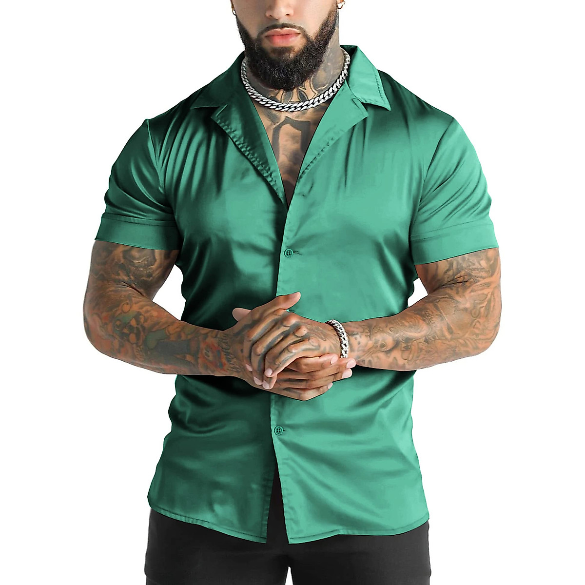 URRU Men's Luxury Shiny Silk Like Satin Dress Shirt Cuban Collar Short Sleeve Casual Slim Fit Muscle Button Up Shirts Dark Green L