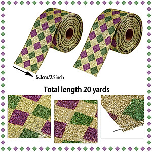 20 Yards Mardi Gras Wired Edge Ribbon Glitter Check Wired Ribbon Glitter Metallic Wrapping Ribbon for Mardi Gras Masquerade Wedding Birthday Party Decoration (2.5 Inch)