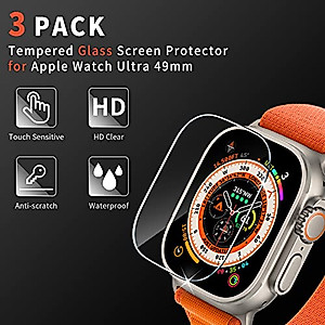[3 Pack] Compatible for Apple Watch Ultra 49mm Screen Protector, EWUONU Tempered Glass 49mm Film Bubble Free Anti Scratch HD Clear Ultra-thin Replacement Screen Protector for Apple Watch Ultra, Clear