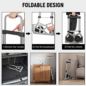 Folding Hand Truck Portable Foldable Dolly Cart, Lightweight Portable Folding Dolly Cart, 180lbs Capacity, with Bungee Cord, Silent Wheels, Telescoping Handle, Dual Bearings