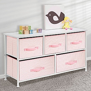 mDesign 21.65" High Steel Frame/Wood Top Storage Dresser Furniture Unit with 5 Removable Fabric Drawers - Wide Bureau Organizer for Bedroom, Living Room, Closet - Spira Collection, Pink/White