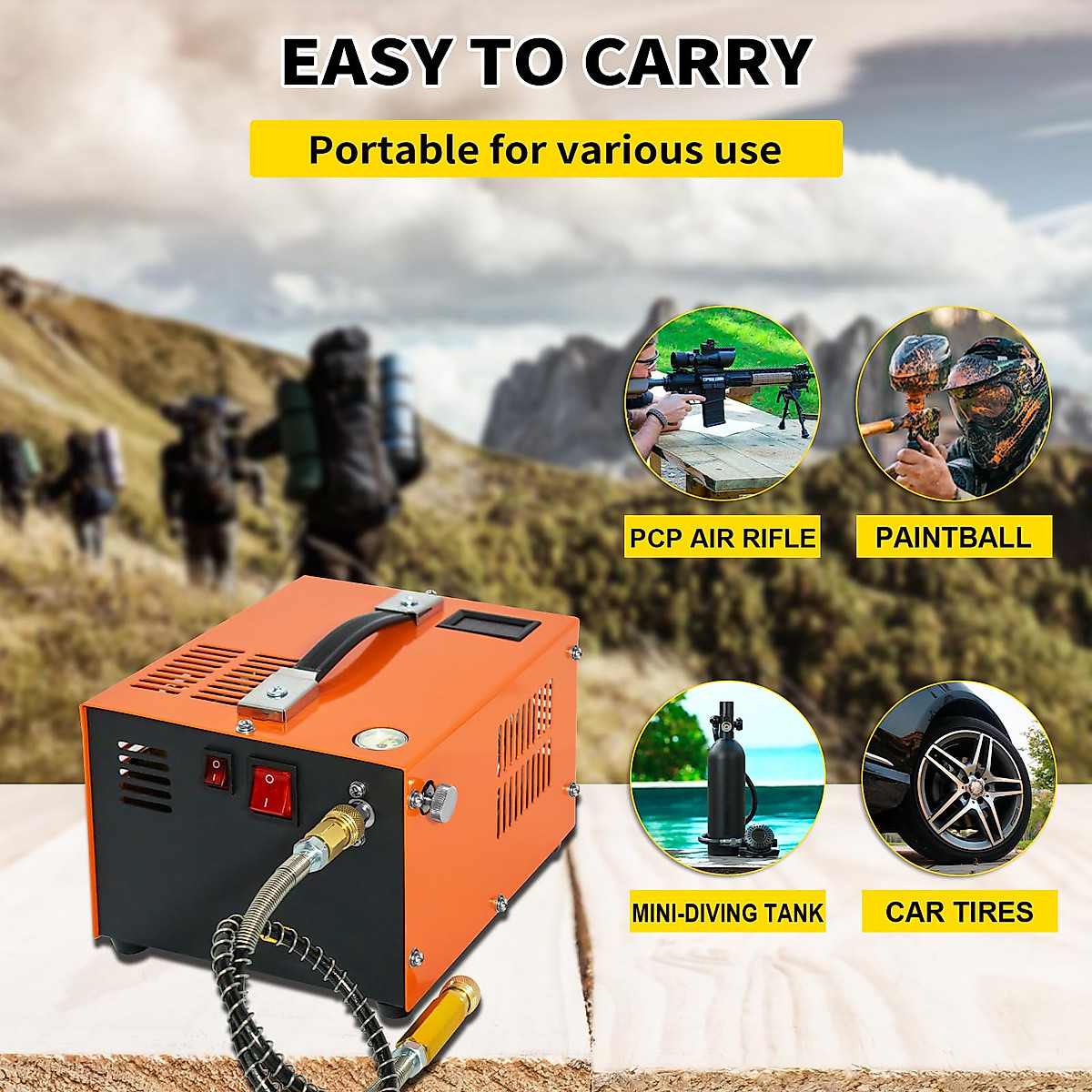 TUXING PCP Air Compressor, Portable 4500Psi/30Mpa, 8MM Quick-Connector Compatible for PCP Air Gun with Water/Oil Separator, Built-in Power Adapter(110V AC or 12V Car Battery)