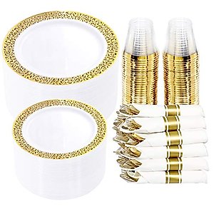 WELLIFE 350 Pieces Gold Plastic Dinnerware,Disposable Gold Lace Plates, Include:50 Dinner Plates,50 Dessert Plates, 50 Pre Rolled Napkins with Gold Silverware and 50 Cups