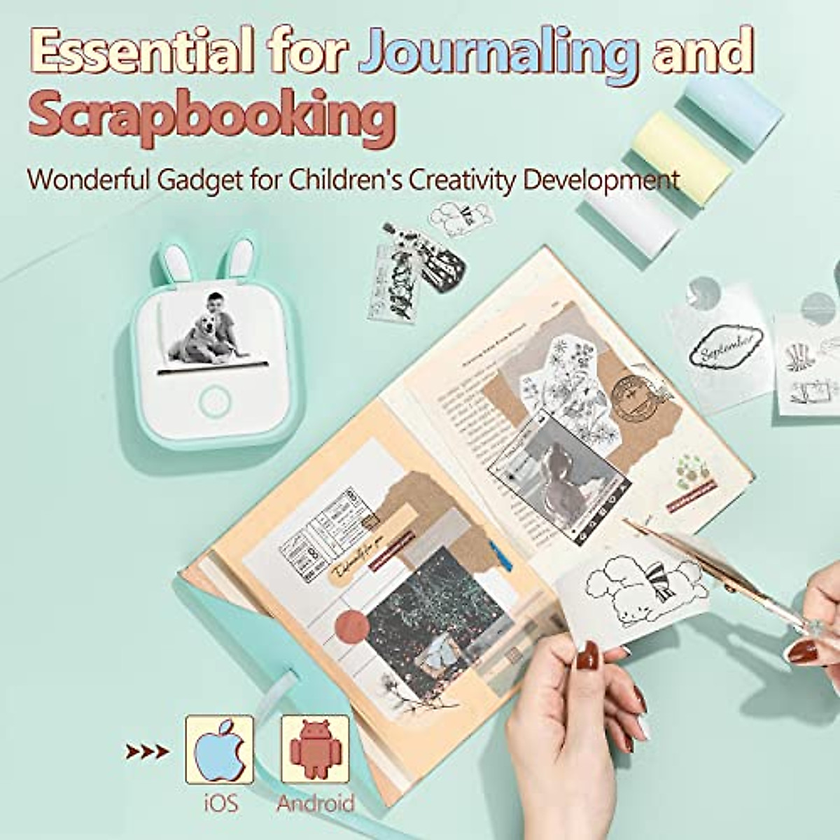 Memoking Mini Sticker Printer T02 Thermal Portable Bluetooth Pocket Phone Printer, for DIY Journal, Photos, Notes, Children Women Gifts, Compatible with iOS & Android, Green