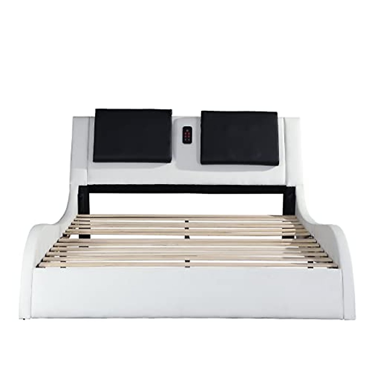 Upholstered LED Bed Frame, King Size Smart LED Platform Bed Frame with Curve Design and Headboard, Wooden Slats Support, No Box Spring Needed, White