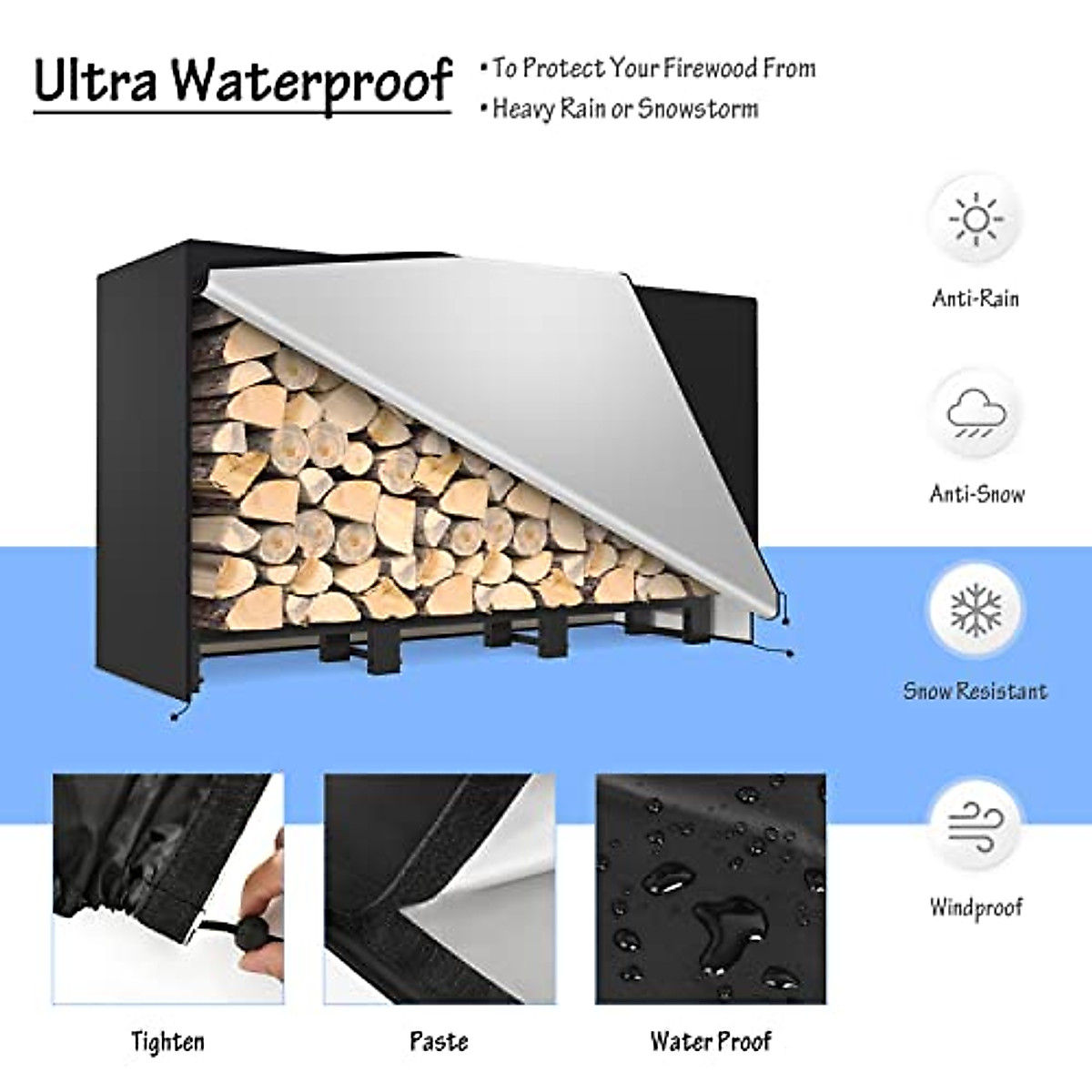 SunyesYo Firewood Rack Outdoor 4ft with Waterproof Cover - Heavy Duty Log Rack Indoor Holder, Upgraded Adjustable Fire Wood Racks, Storage Organizer Stand Tool for Fireplace, Black