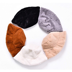 Women Winter Plush Bucket Hat Warm Solid Color Faux Fur Fisherman Cap White