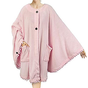 PAVILIA Angel Wrap Poncho Blanket for Women | Plush Warm Wearable Blanket Gift, Fleece Shawl Cape with Pom Pom Fringe and Pockets, Cozy Gifts for Women (Light Pink)