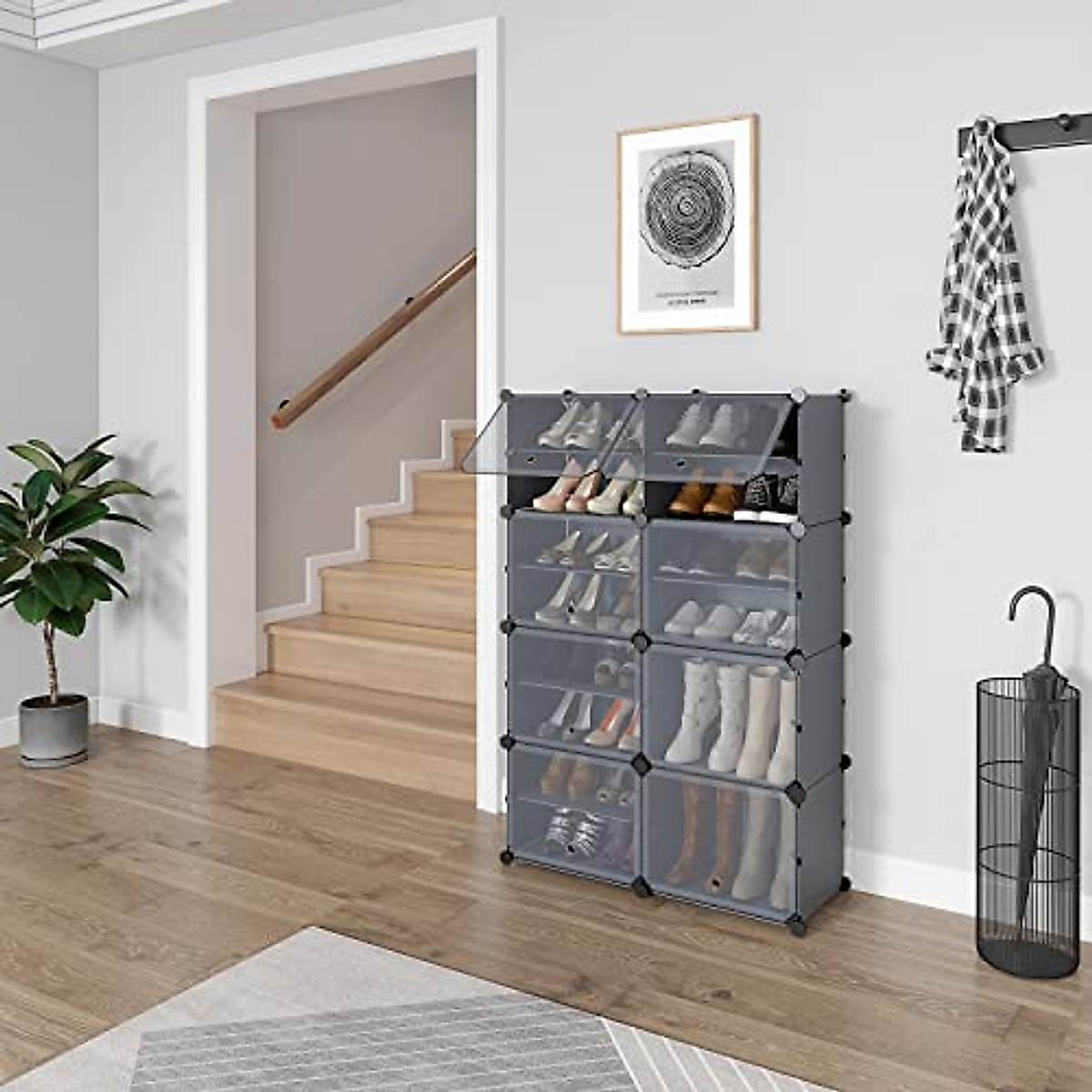 UNZIPE Shoe Rack, 8-Tier Shoe Storage Cabinet 16 Pairs Free Standing Shoe Racks Plastic Shoes Shelves DIY Cube Organizer for Closet Hallway Bedroom Entryway Garage, Dark Grey
