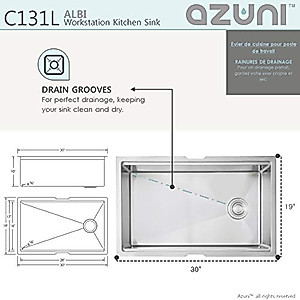 AZUNI 30 inch x 19 inch Single Bowl Undermount 16G Reversible Kitchen Ledge Workstation Sink with Grid, Luxury Basket Strainer, Drying Rack and Bamboo Cutting Board, C131L