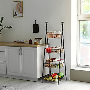 Wire Basket Stand for Kitchen and Bathroom 4 Tier Fruit Storage Basket Stand Metal Floor Standing Vegetable Holder Basket Stand for Snacks Pantry Kitchen Storage, Black