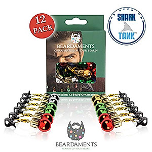 BEARDAMENTS Beard Ornaments - The Original 12pc Colorful Christmas Facial Hair Baubles for Men in the Holiday Spirit, Easy Attach Mini Mustache, Sideburns, Festive Red, Green, Gold, Silver Mix