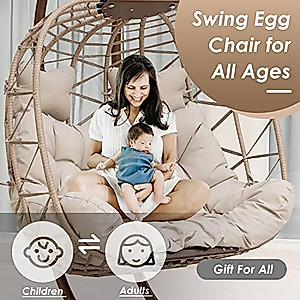 NICESOUL® Double Swing Egg Chair with Stand Large 2 Person Indoor Outdoor Wicker Patio Twins Basket Hanging Chair with Beige Cushions 510 Lbs Capaticy for Bedroom Balcony Oversized