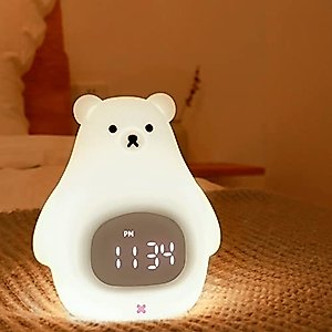 JROSING Bear Night Light, Cute Kids Alarm Clock, Soft BPA-Free Silicone Portable Nursery Lamp, Children USB Rechargeable Nightlight for Girls Boys Toddler Birthday Gifts Bedroom Room Decor