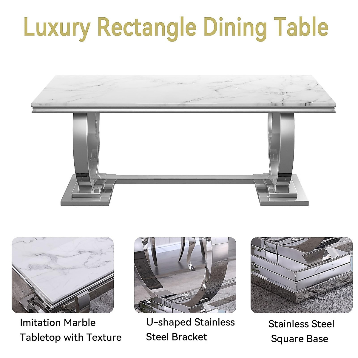 70'' Marble Dining Room Table for 6 or 8, Modern Marble Dining Table w/Silver Stainless Steel U-Base Rectangular Kitchen Table for 8, Large White Dining Table for Home Kitchen Dining Room