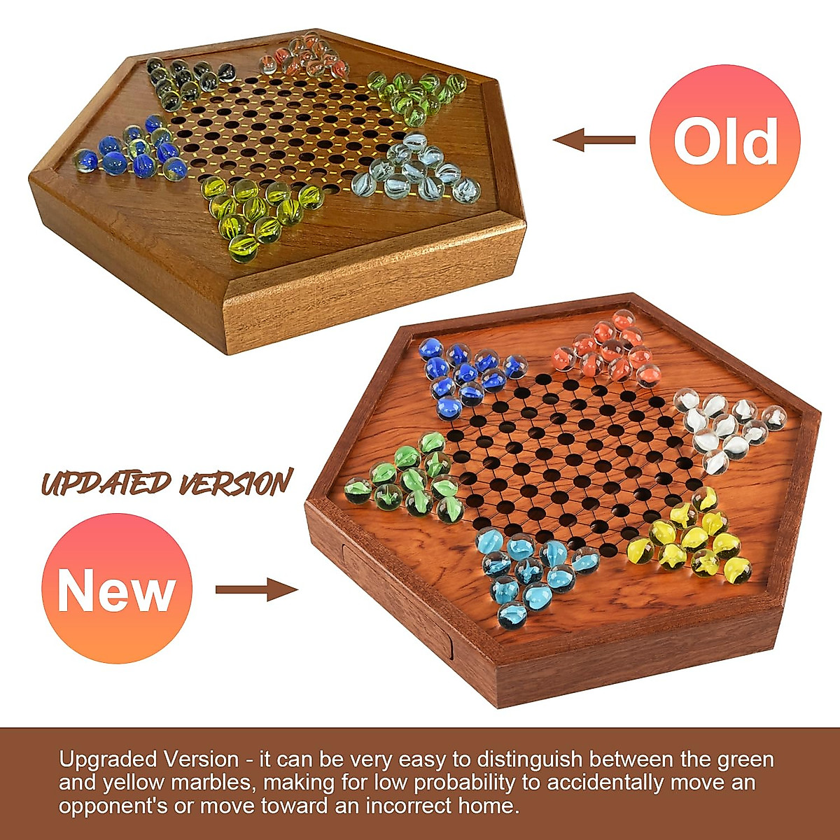 Upgraded Wooden Chinese Checkers with Drawers 12.7 Inches Wooden Board Game Includes 72 Colorful Glass Marbles Easy Grasping for Adults and Kids