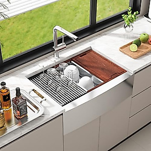 VEVOR 33 inch Farmhouse Kitchen Sink, 304 Stainless Steel Sink, Top Mount Single Bowl Kitchen Sinks with Ledge & Accessories, Household Dishwasher Sinks for Farm, Prep Kitchen, Garage and Bar Sink