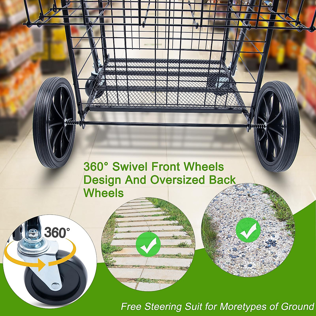 Folding Shopping Cart, Grocery Cart On Wheels Foldable, Shopping Carts for Groceries, Collapsible Shopping Cart Holds up to 70L/Max 110Ibs for Kitchen Storage Carts Utility Carts