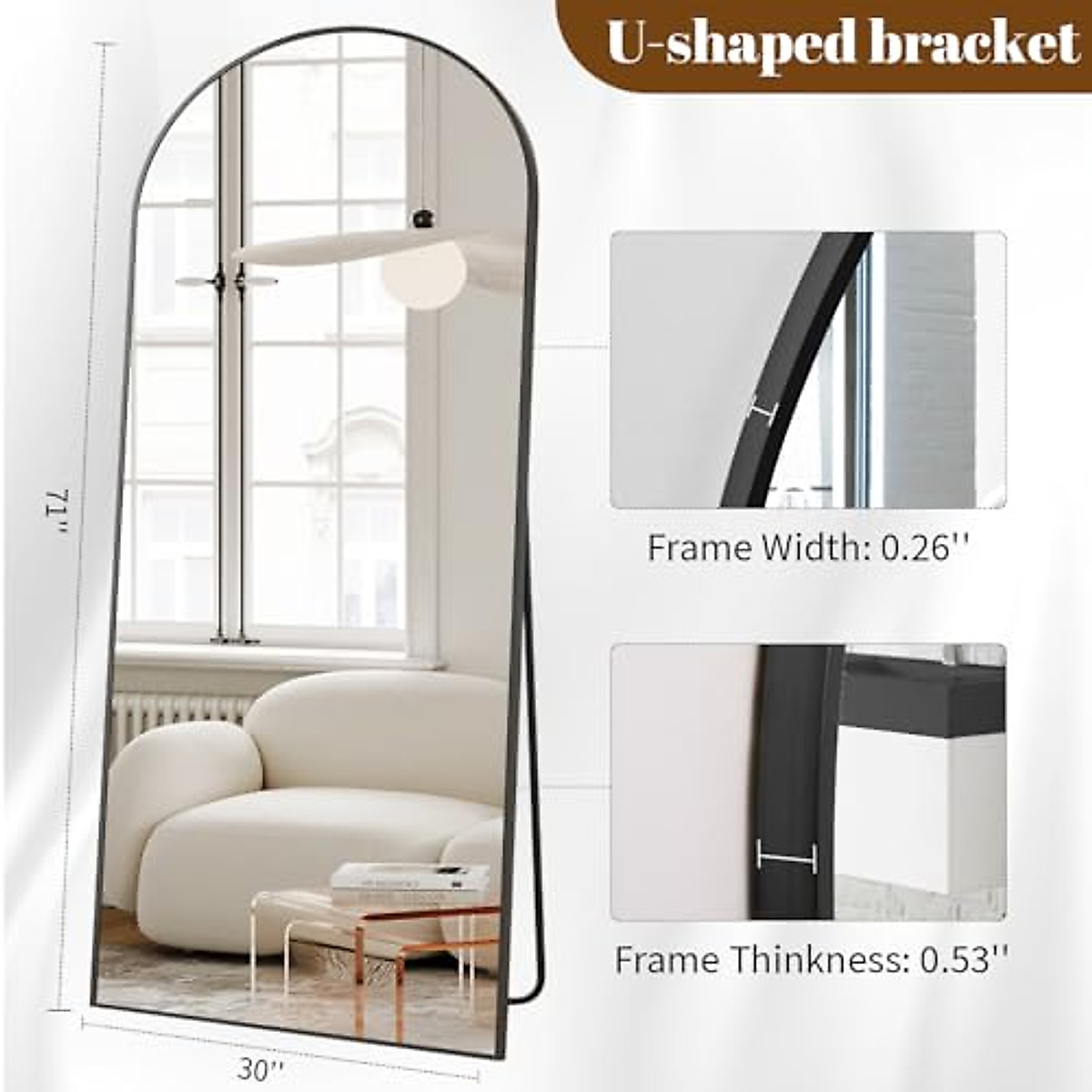 Koonmi 30"x71" Arched Full Length Mirror, Black Large Floor Mirror with Aluminum Alloy Frame Standing Hanging or Leaning Wall-Mounted Full Body Mirror for Living Room and Bedroom