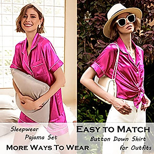 Ekouaer Pajamas Womens Satin Button Up Pjs Silk Short Sleeve Top with Shorts Set Summer 2 Piece Loungewear Rose Red,M