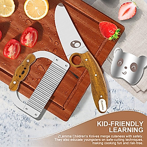 ZLemma Kids Knife Set for Real Cooking with Educational Ring & Finger Guard for Cutting Training, 3 Pieces Premium Full-tang Kids Chef Knife & Kids Crinkle Cutter, Precious Rosewood Handle